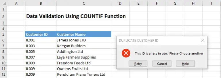 Formula Friday - Using COUNTIF Function With Data Validation To Check For Repeating Values In ...