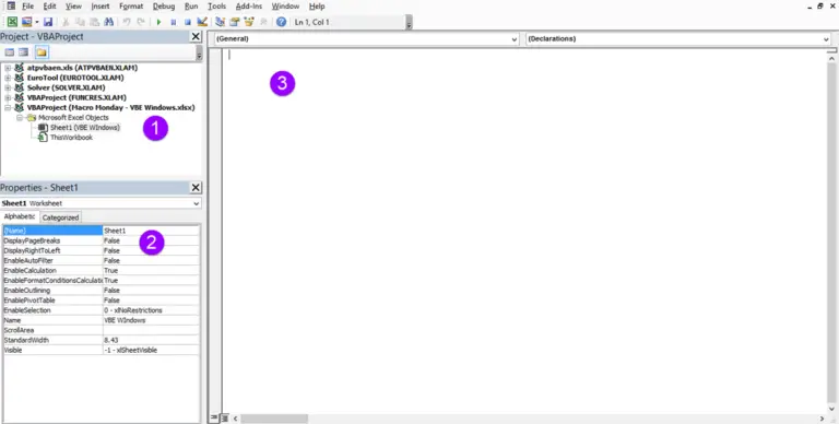 What are the Three Windows In The Visual Basic Editor For?